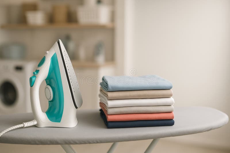 Clothes Iron and Neatly Stacked Shirts in a Modern Laundry Room Setting ...