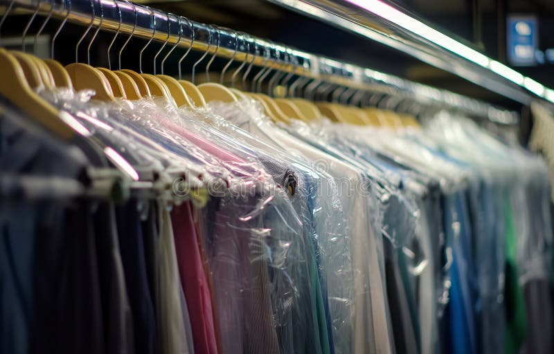 AI Image of Clothes in Plastic Covers are Stored on Hangers in Dry ...
