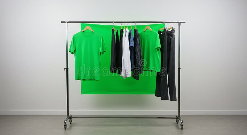 Clothes Rack with Green Screen Backdrop in Studio Setting Stock ...