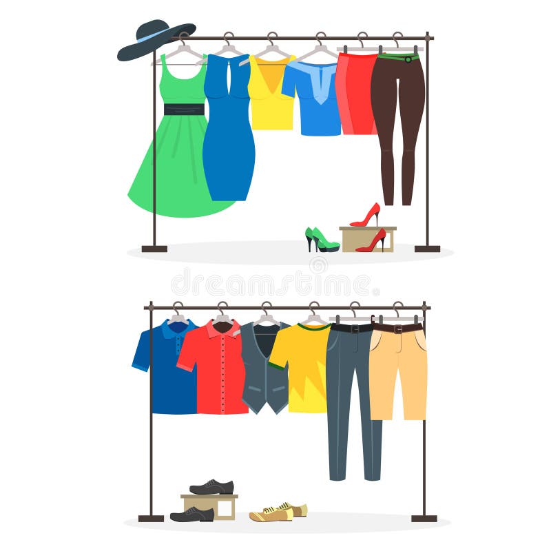 Clothes Racks with Wear on Hangers Set. Vector Stock Vector ...