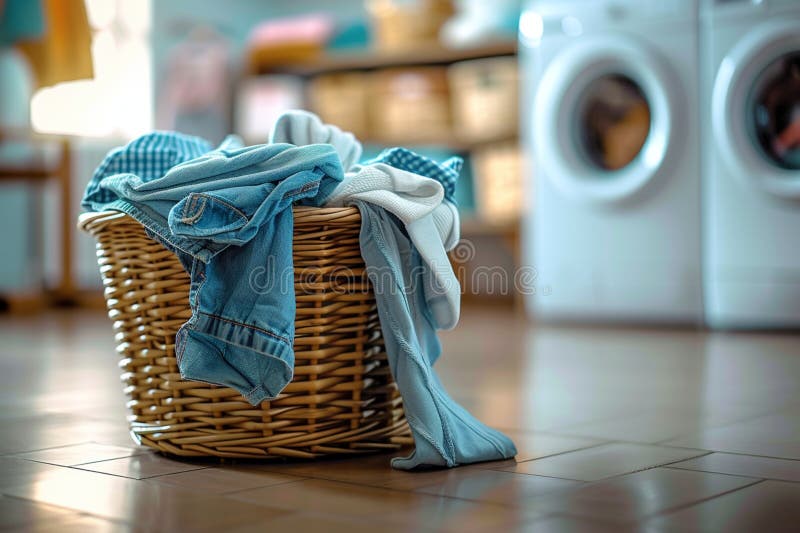 Clothes Ready for Washing Sit in Laundry Basket by Machine Stock ...