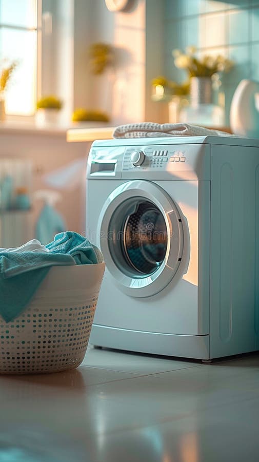 Clothes Ready for Washing Sit in Laundry Basket by Machine Stock ...