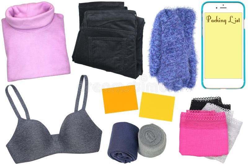 Clothes, Sticky Notes and a Smartphone with Packing List Stock Photo ...