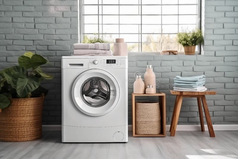 Clothes Washing Machine in Laundry Room Interior with Window Stock ...
