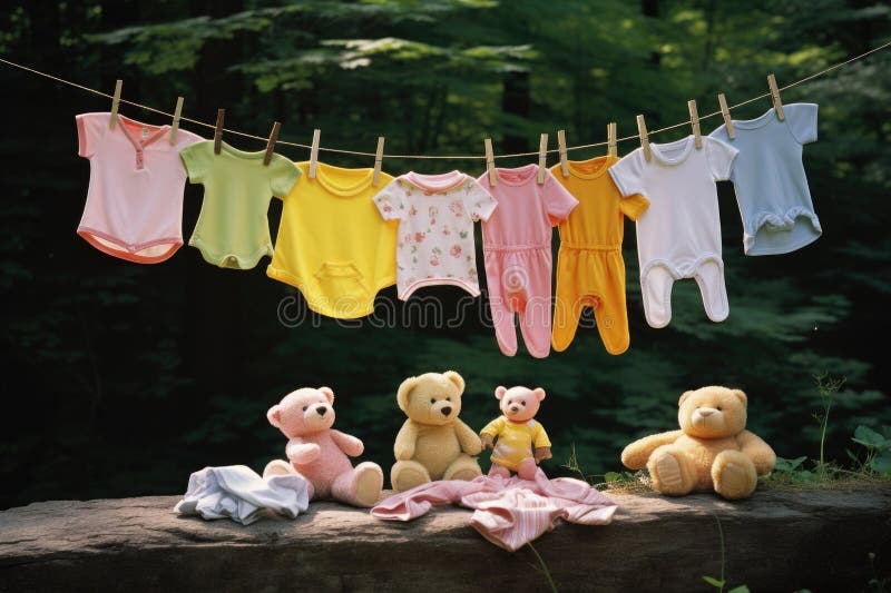 Clothesline with Baby Clothes and Cloth Diapers Stock Illustration ...