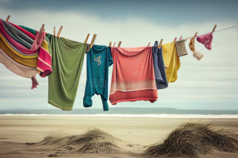 A Clothesline with Clothes Fluttering in the Wind on a Beach Stock ...