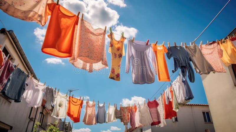 Clothesline with Clothes in the Summer Sun. Generative AI Stock Photo ...