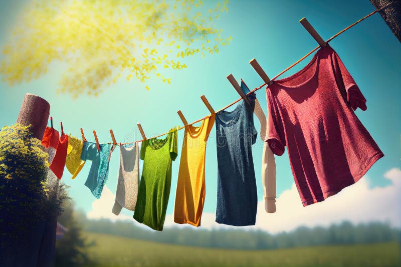 Clothesline with Colorful Clothes on a Sunny Day Stock Illustration ...