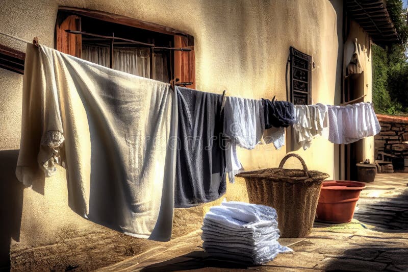 Clothesline with Freshly-washed Towels and Linens, Ready for Use Stock ...