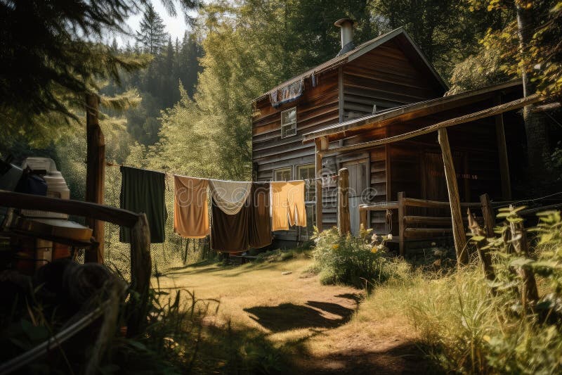 Clothesline in Front of Rustic Cabin, with View of the Woods Stock ...