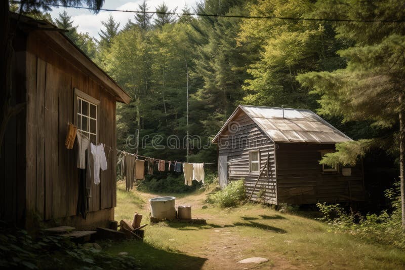 Clothesline in Front of Rustic Cabin, with View of the Woods Stock ...