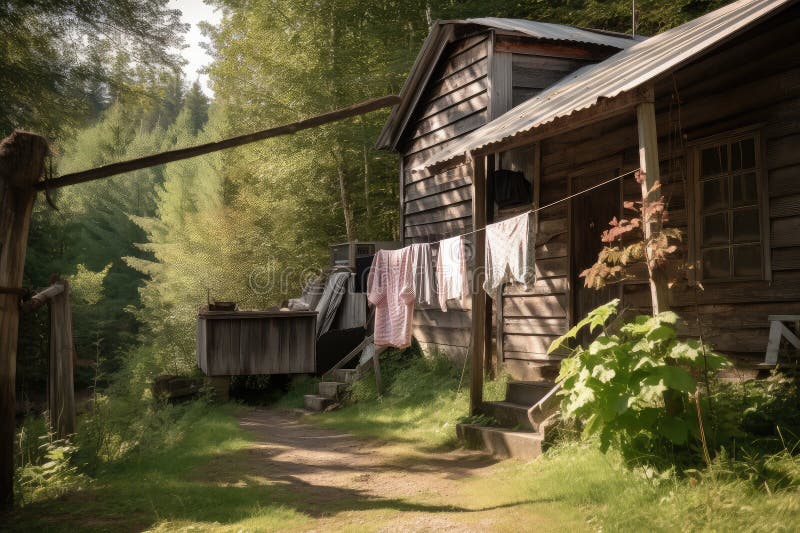 Clothesline in Front of Rustic Cabin, with View of the Woods Stock ...