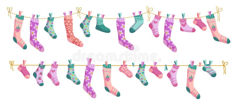 Clothesline Socks Illustration Set. Socks on a Rope, Baby Socks with ...