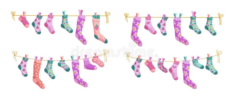 Clothesline Socks Illustration Set. Socks on a Rope, Baby Socks with ...