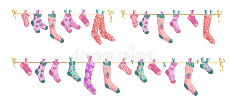 Clothesline Socks Illustration Set. Socks on a Rope, Baby Socks with ...