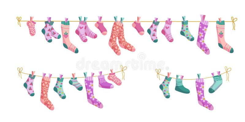 Clothesline Socks Illustration Set. Socks on a Rope, Baby Socks with ...