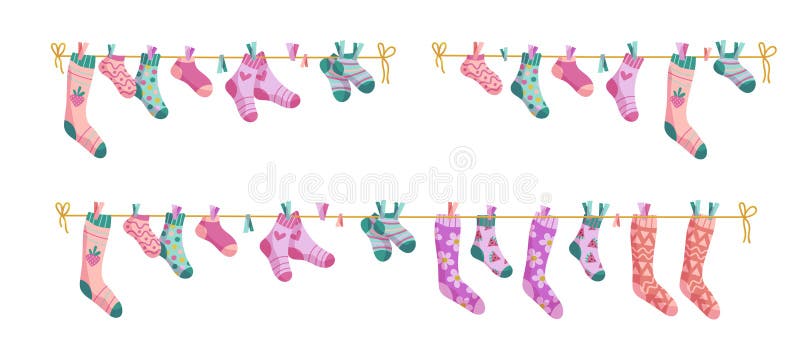 Clothesline Socks Illustration Set. Socks on a Rope, Baby Socks with ...