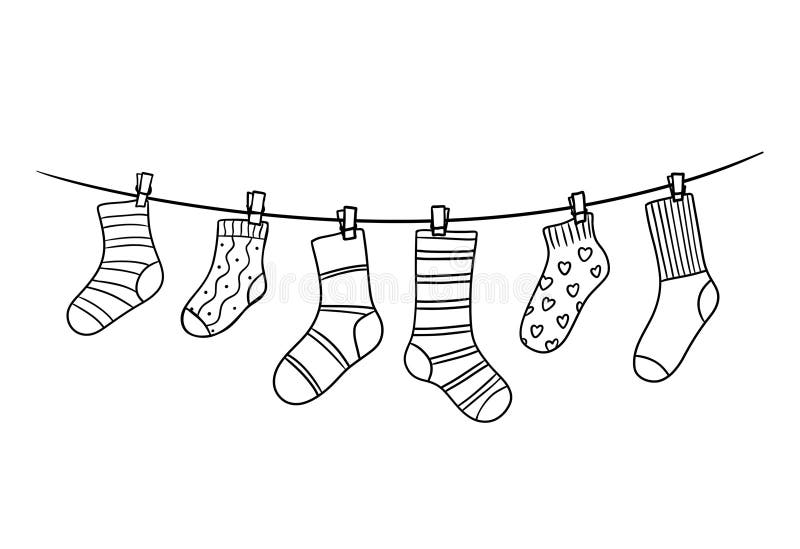 Clothesline with Socks, Outline Doodle Illustration Stock Vector ...