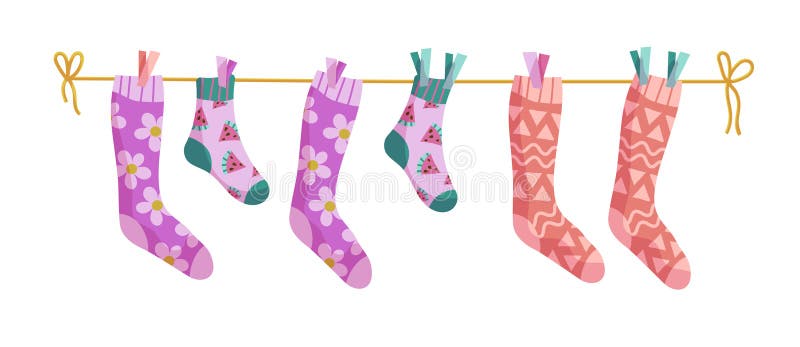 Clothesline Socks. Socks on a Rope, Baby Socks with Patterns Vector ...