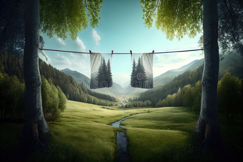 Clothesline Suspended between Two Trees with a View of the Forest Stock ...