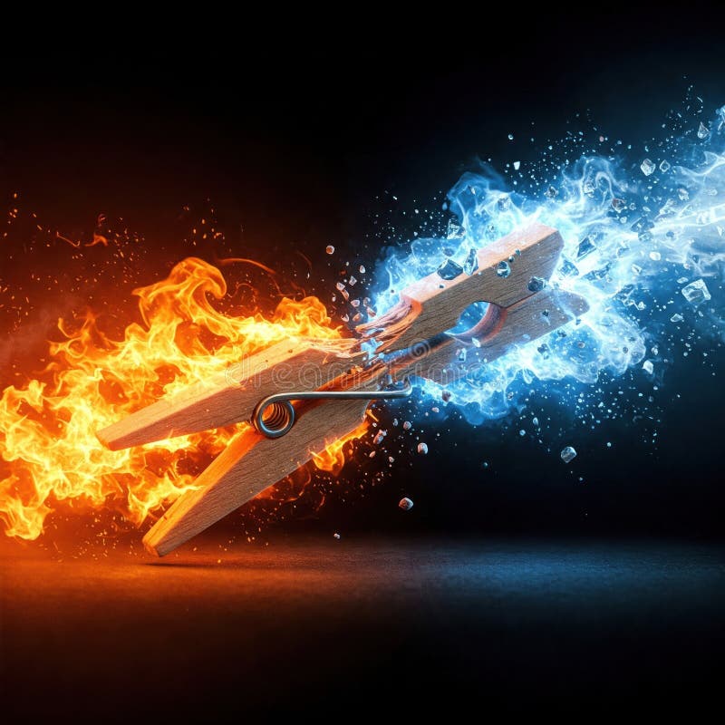 The Clothespin is Torn into Two Elements, Fire and Ice. Stock Image ...