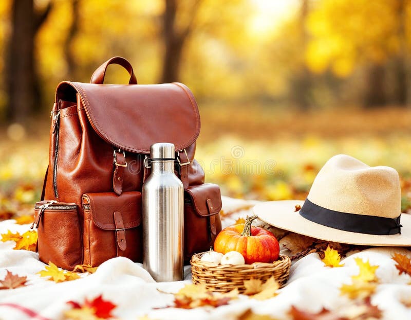 A Cozy Autumn Picnic Scene with a Leather Backpack, Water Bottle, Hat ...