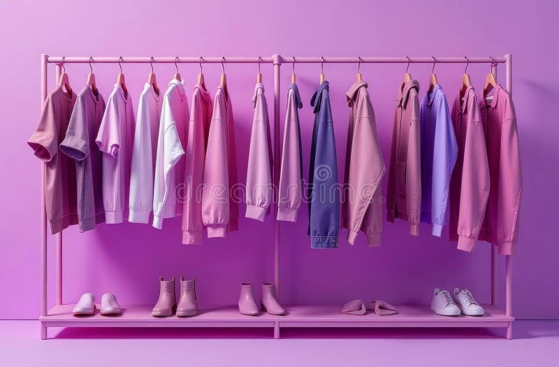 The Clothing Rack Displays an Array of Pink Outfits, Including Shirts ...