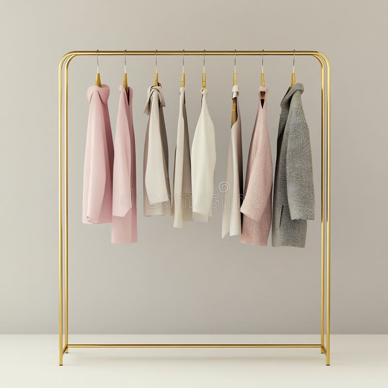 A Clothing Rack with a Gold Frame Displays an Array of Jackets in Soft ...