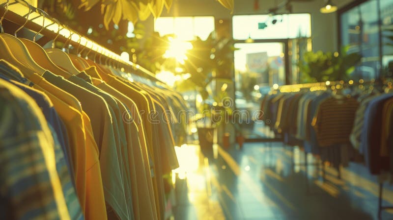Clothing Racks in a Store with Sunset Light. Stock Image - Image of ...