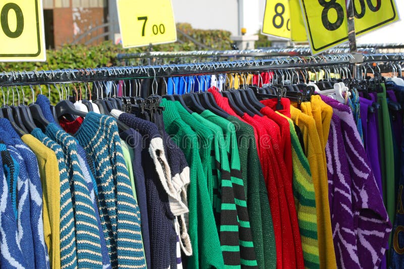 Clothing Stall with Clothes Hanging on Racks with Price Label Stock ...