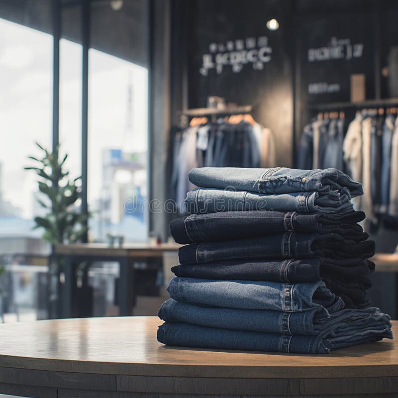 Clothing Store Denim Jeans Stack on Table Blur Background Stock ...