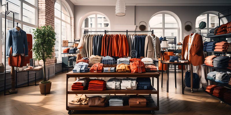 Clothing Store Interior with Many Shirts on Hangers. 3d Rendering Stock ...