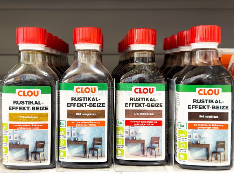 Clou Rustikal Effekt Beize Wood Stain Bottles on Shelf Editorial Photo ...