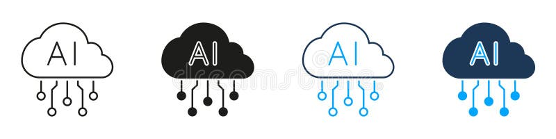 Cloud AI Data Storage Technology Line and Solid Icon Set. Artificial Intelligence Computing ...