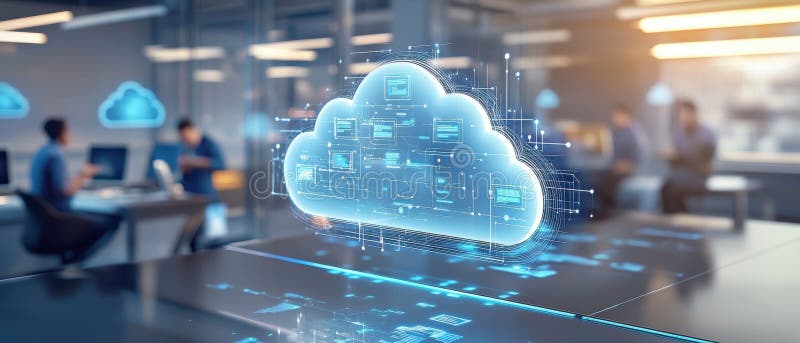 Cloud API Integration, a Futuristic Office Setting with a Large ...