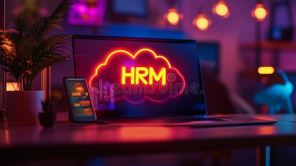 Cloud Based HRM System, Glowing Icon on Laptop, Mobile Access, Human ...