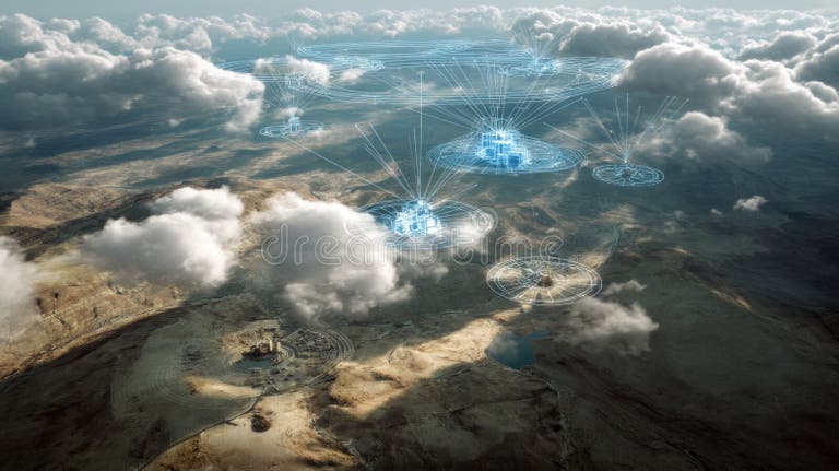 Cloud-based Server System, Hovering Above Terrain in Abstract Digital ...