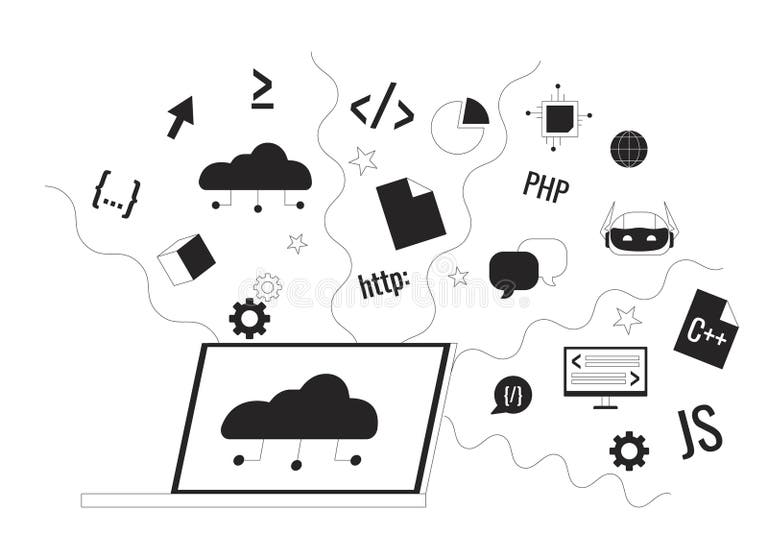 Cloud Based Software Development Black and White 2D Line Cartoon Object ...
