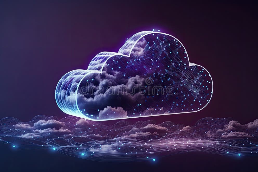 A Cloud with Computers Connected To Data Hologramm Representing Technology and Network Server ...