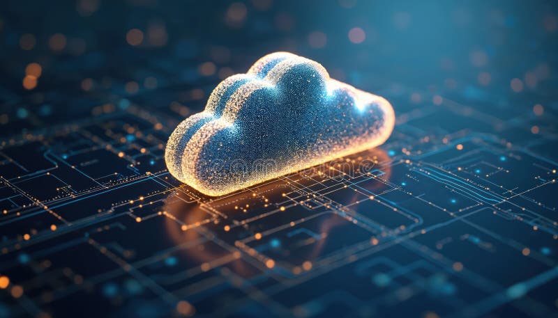 Cloud Computing Abstract Illustration. Glowing Cloud Shape Set Against Tech Circuit Background ...