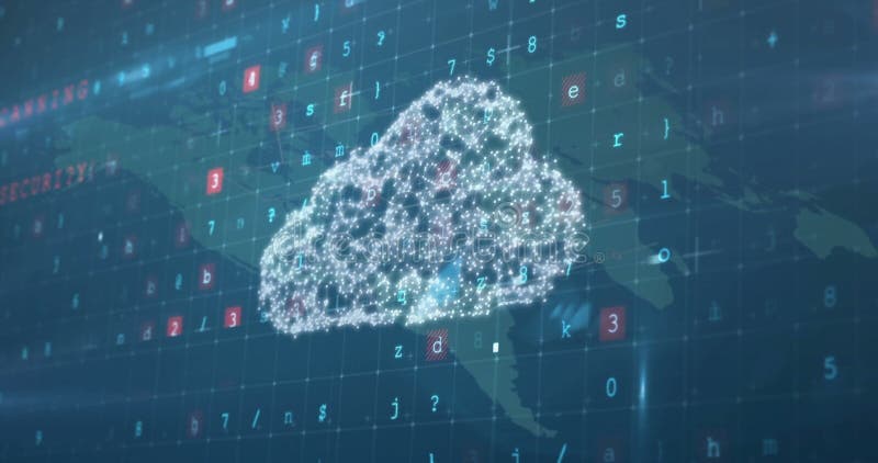 Cloud Computing Animation Over World Map With Binary Code And Numbers