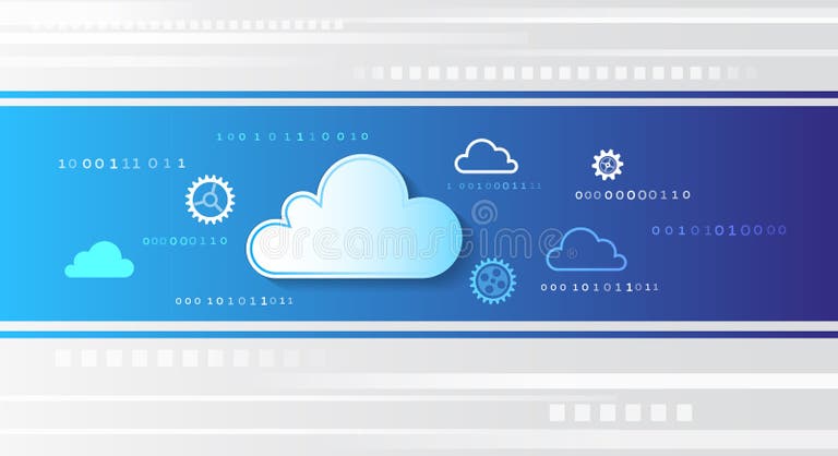 Cloud Computing Background with Blue Gradient, Binary Code, and Gear Icons. Modern Digital ...
