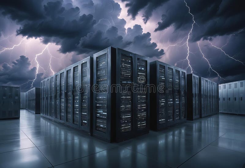 Cloud Computing Background with Server Racks and Digital Data Streams Stock Illustration ...