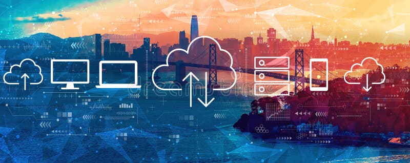 Cloud Computing with the Bay Bridge in San Francisco Stock Illustration ...