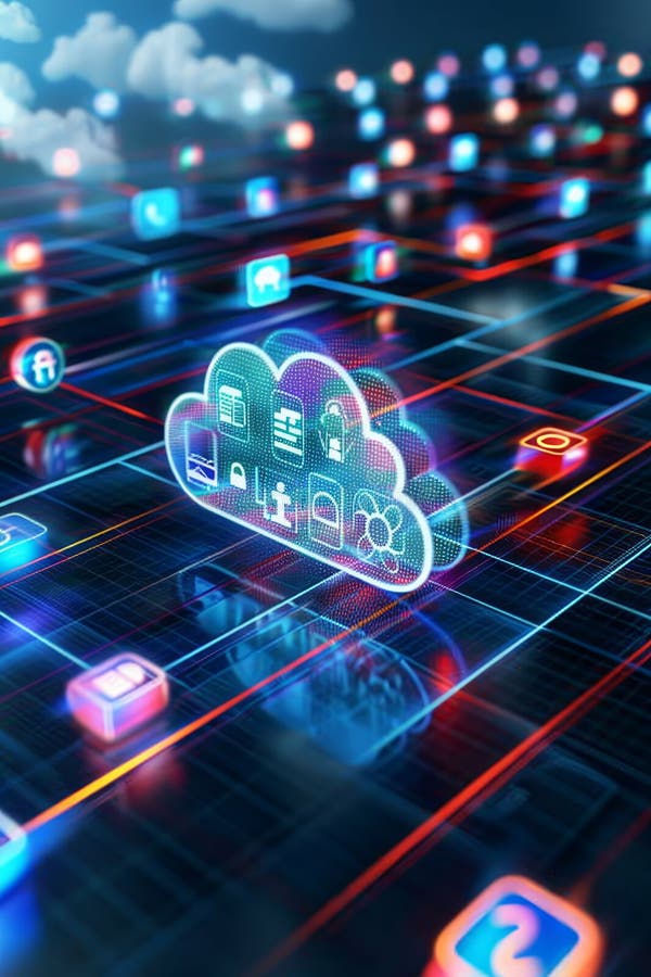Cloud Computing, Big Data and Online Service Concept Neon Cloud Icon on Abstract Circuit Board ...