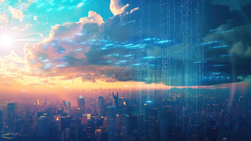 Cloud Computing in the Cityscape: Binary Code Flow. Stock Illustration - Illustration of skyline ...