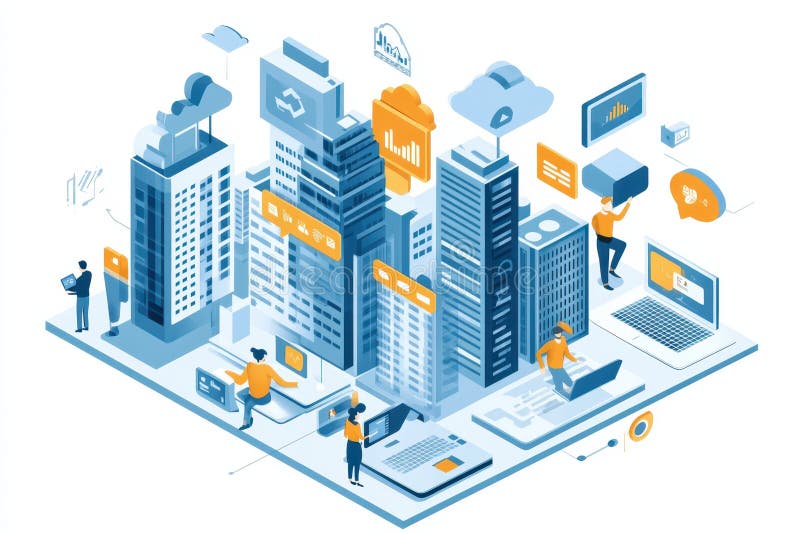 Cloud Computing Cityscape Digital Transformation Technology Innovation Isolated on White ...