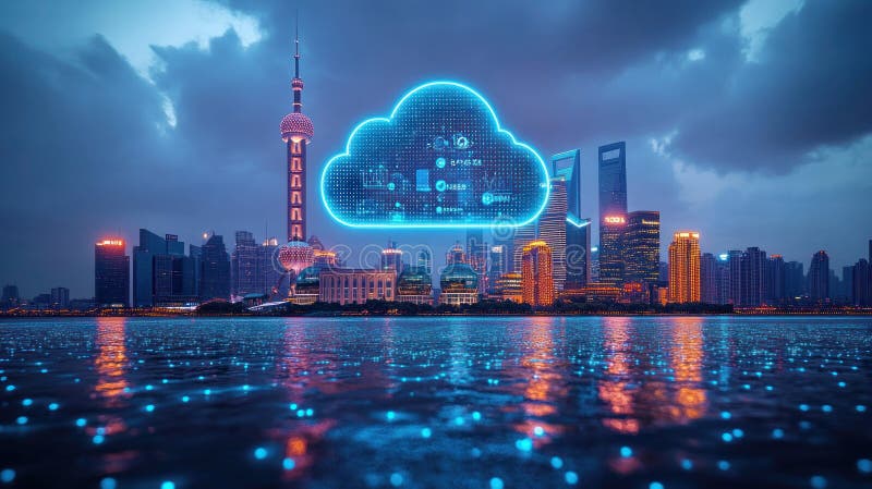 Cloud Computing Cityscape at Twilight. Digital Cloud with Glowing Icons Stock Illustration ...