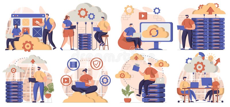 Cloud Computing Collection of Scenes Isolated. People Upload Files ...