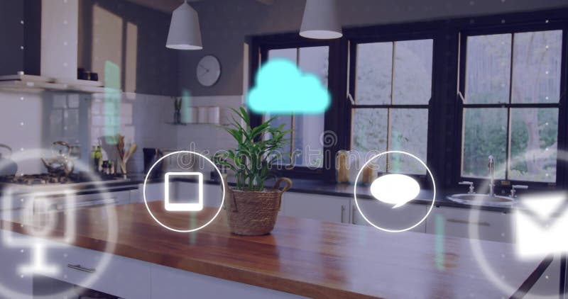 Cloud Computing and Communication Icons Animation Over Modern Kitchen ...